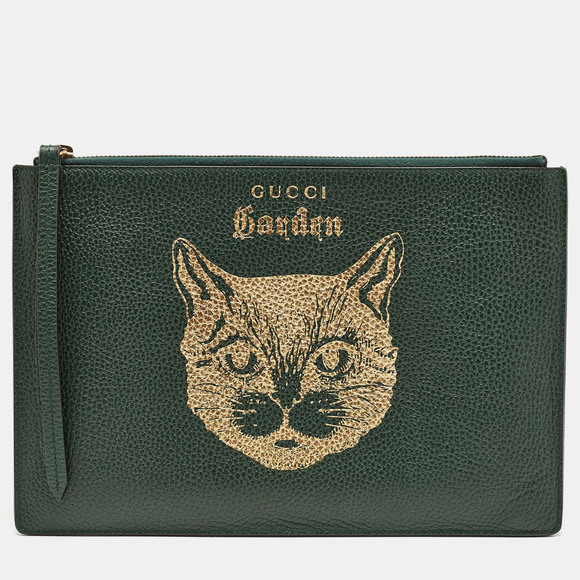 Gucci | Bags | Gucci Greengold Leather Garden Cat Zip Pouch | Poshmark
